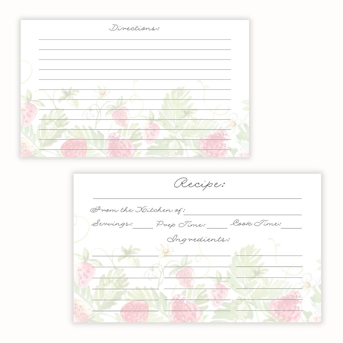 Recipe Cards, 4x6 inches, 25 Pack, 18 Ingredient Lines, Strawberry Daydreams Design