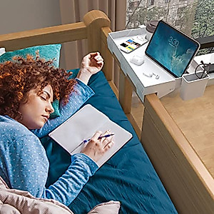 Ronlap Folding Bedside Shelf, Bunk Bed Shelf Organizer for Top Bunk Clip On Nightstand for Loft Bed Plastic Bedside Shelf Tray for Kids with Cupholder Hooks Hanging Cup, Plus Size, White