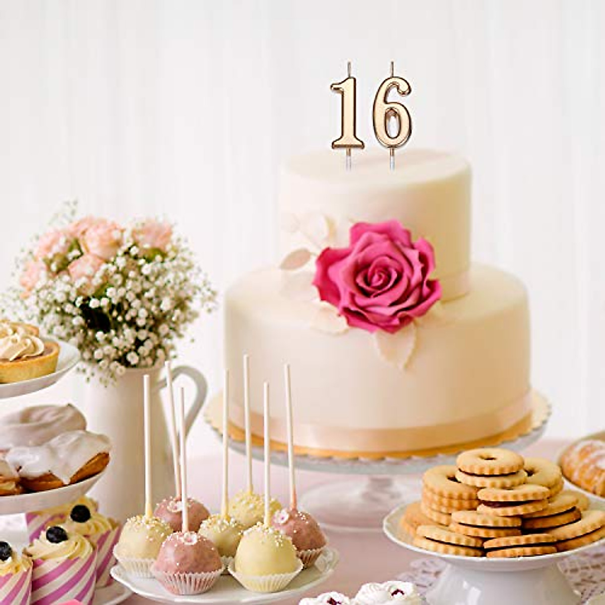 16th Birthday Candles Cake Number Candles Happy Birthday Cake Candles Topper Decoration for Birthday Wedding Anniversary Celebration Favor, Champagne Gold