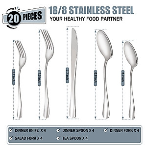 Ansukow 20 Piece Silverware Set for 4, 18/8 Stainless Steel Flatware Cutlery Set for Home Kitchen, Knives Forks Spoons Set, Mirror Polished, Dishwasher Safe