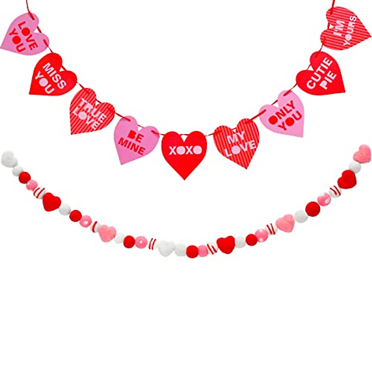 2 Pieces Valentines Day Felt Balls Banner Conversation Candy Hearts Banner Felt Pom Pom Garland Valentines Heart Sayings Garland for Valentines Party Wedding Birthday Decorations