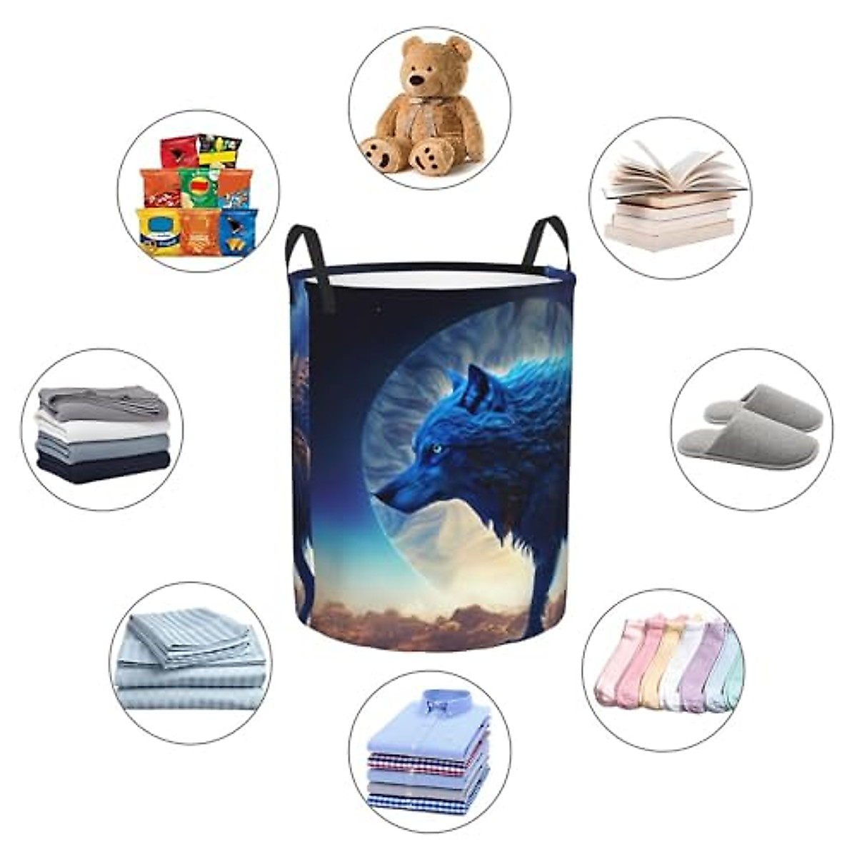 Large Laundry Basket with Handles - Moonlit Blue Wolf Baby Kids Dirty Clothes Laundry Hamper
