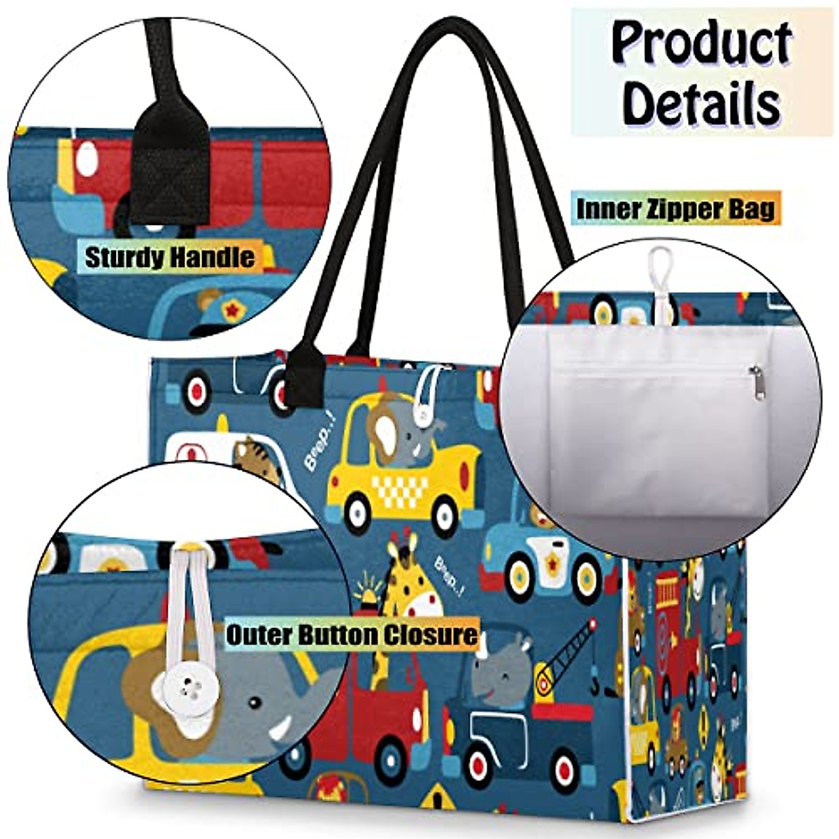 cfpolar Animal Car Reusable Grocery Shopping Bag with Hard Bottom, Large Foldable Multipurpose Heavy Duty Tote with Zipper Pockets, Stands Upright, Durable and Eco Friendly, Beach Bag