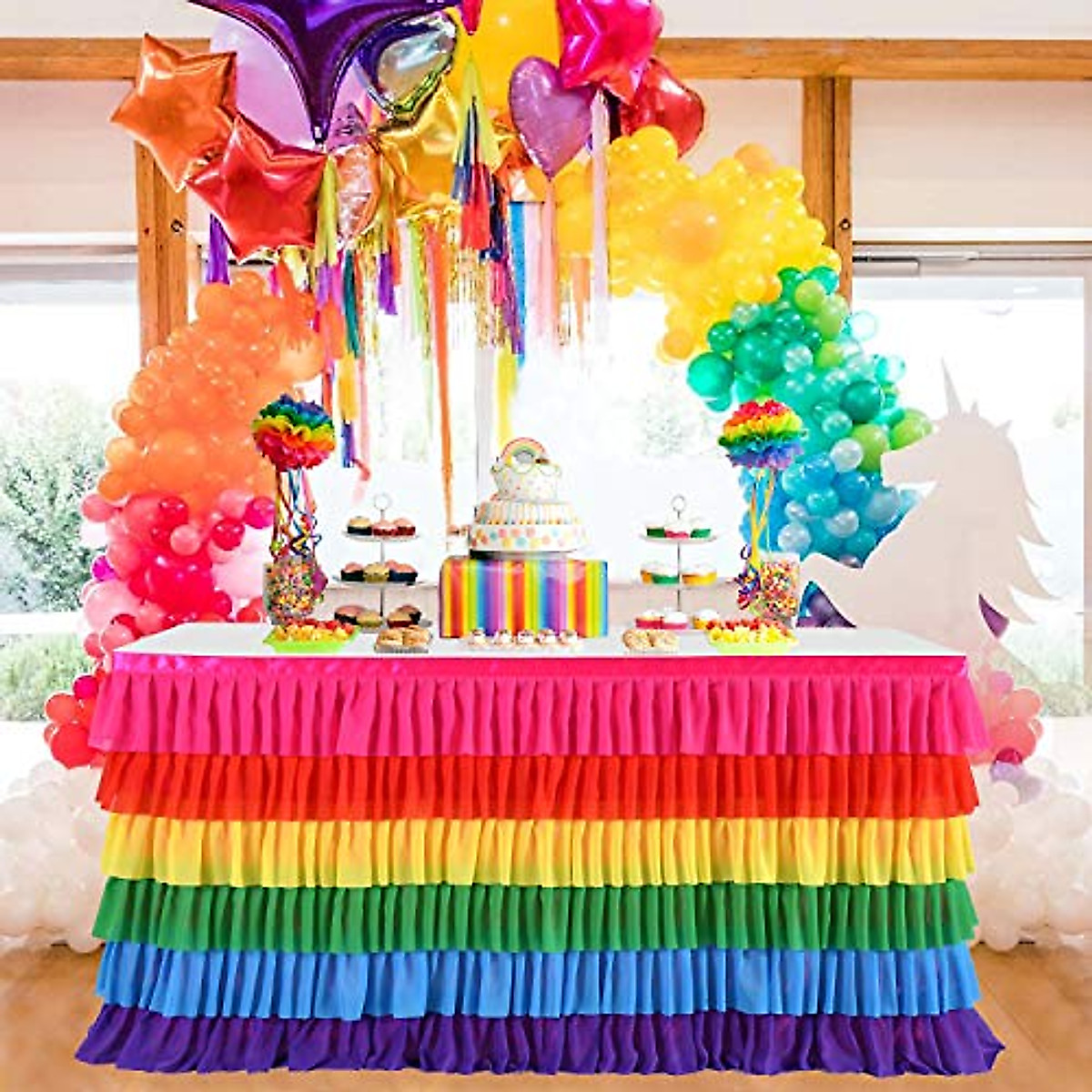 Rainbow Table Skirt Ruffle Unicorn Table Skirts for Rectangle Table 6ft Baby Shower Birthday Unicorn Party Fiesta Home Decoration