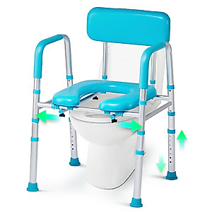 Width Adjustable Raised Toilet Seat with Padded Handles, 500lb Heavy Duty Toilet Seat Riser with Back for Elderly, Adjustable Height 3-in-1 Toilet Safety Frame with Soft Seat, Fits Most Toilets