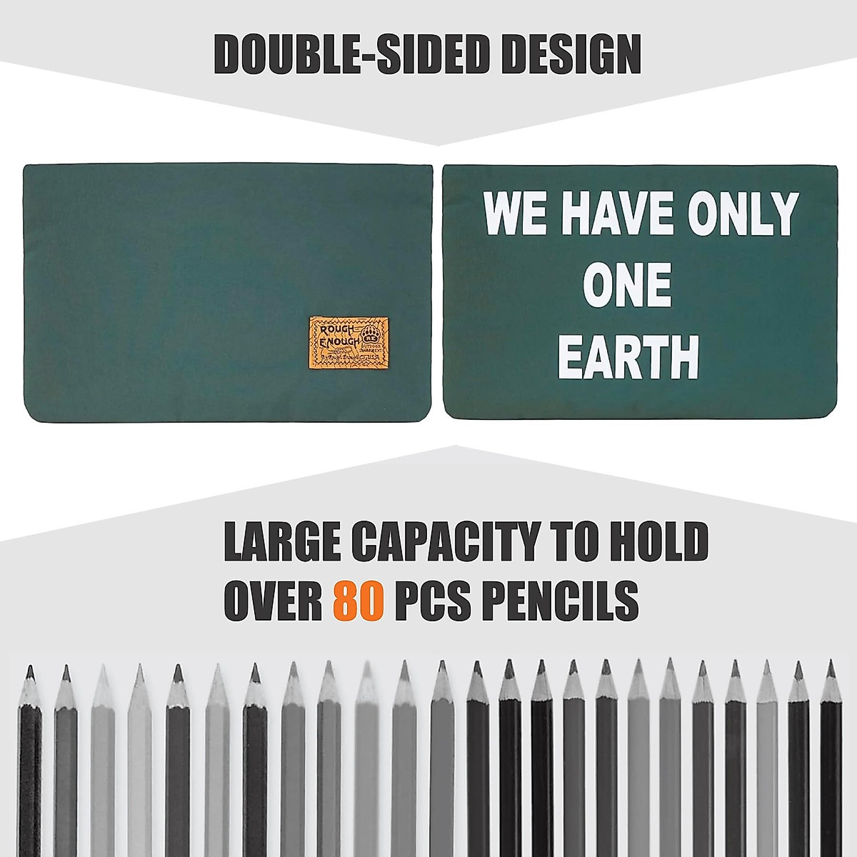 Rough Enough Large Pencil Case Pouch Storage Waterproof Bag with YKK Zipper for Preppy School Student Teen Art Supplies Green We Have Only One Earth Logo