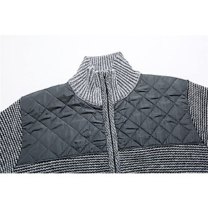 Men Full Zip Casual Knitted Cardigan Slim Color Block Fleece Lined Sweaters Stand Collar Winter Warm Thick Sweater (Grey,3X-Large)
