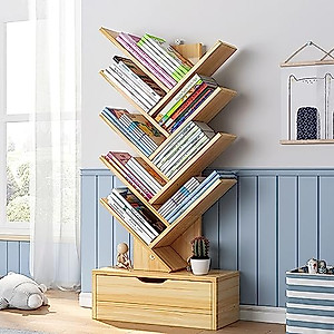 YOXIER Bookshelf,6 Tier Tree Bookshelf,6 Shelf Bookcase with Drawer,Free Standing Tree Bookcase,Simplicity Book Storage,Bearing Capacity Space Saving for Storing & Organizing Books in The Home Office