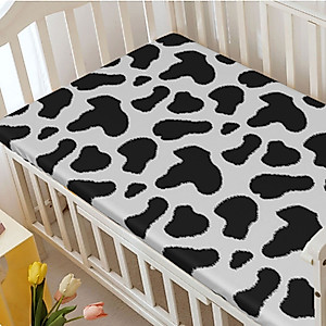 Cow Print Themed Fitted Mini Crib Sheets,Portable Mini Crib Sheets Soft & Stretchy Fitted Crib Sheet -Great for Boy or Girl Room or Nursery,38“ x24“,Charcoal Grey White
