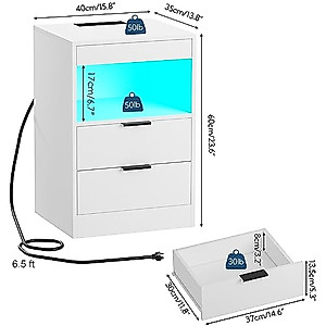 Yusong Night Stand, Bedside Table, LED Nightstand with Charging Station, Modern Night Stand White,Wood Sofa Couch End Side Table with 2 Pull-Out Shelf
