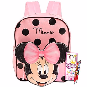 Minnie Mouse Mini Backpack for Toddler Girls - Bundle with 12” Minnie Mouse Mini School Bag, Minnie and Mickey Pens, More | Minnie Mouse School Backpack for Girls
