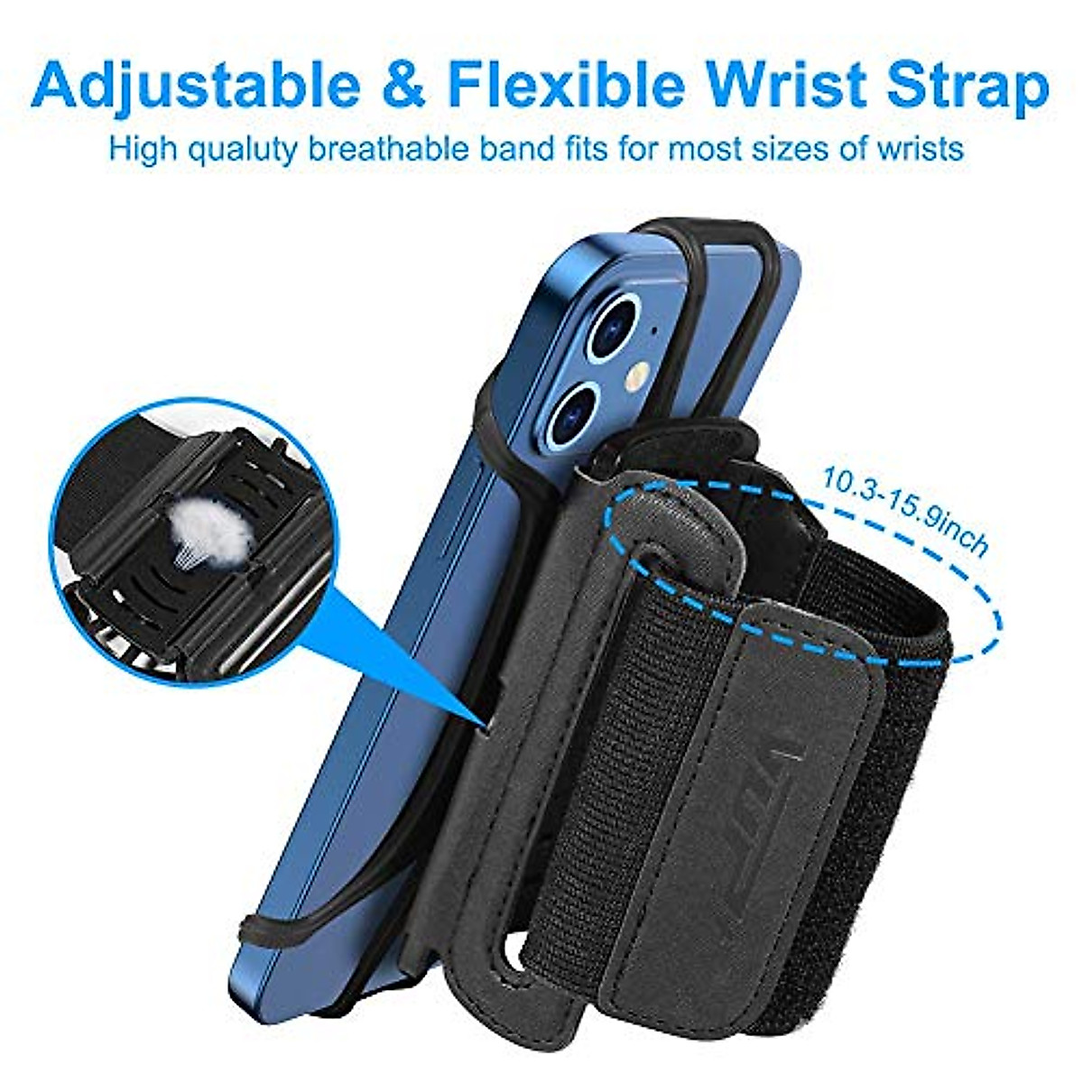 VUP Wristband Phone Holder, 360° Rotatable Forearm Armband for iPhone 14/13/Pro Max/Pro/Mini/12/11/SE 2020/Xs/XR/X/8/7/Plus, Fits All 4-6.7 Inch Smartphones, Great for Hiking Biking Running (Black)