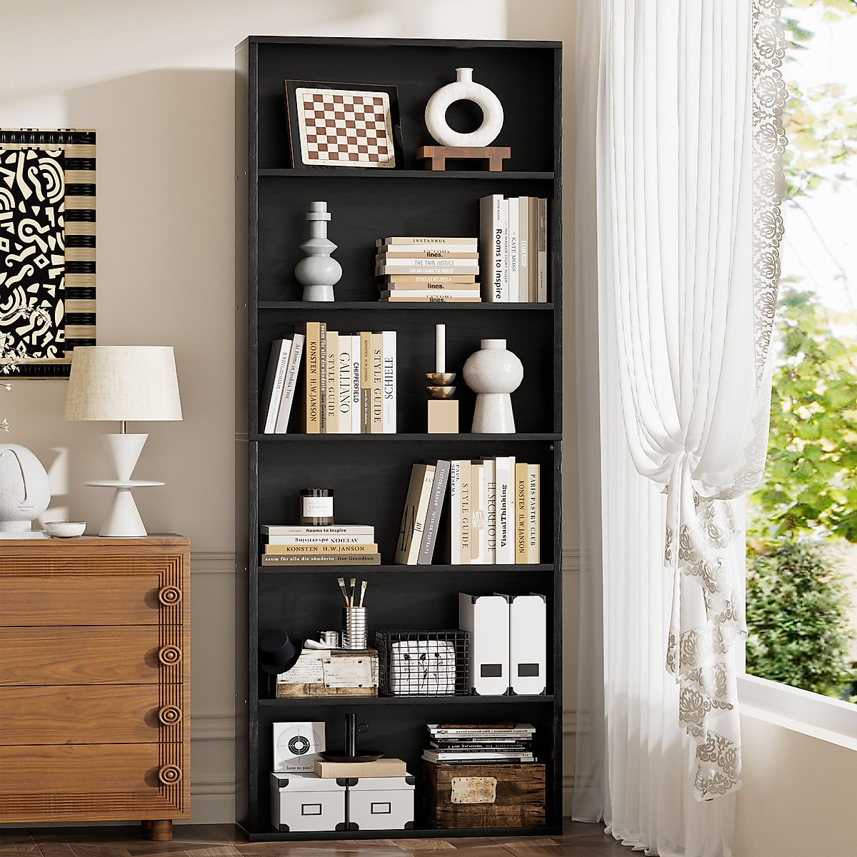 JAMFLY Open Bookshelf and Bookcase, 6 Shelf Storage Shelves Tall Bookcase for Bedroom, Living Room and Office, Black