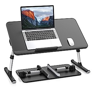 SAIJI Leather Laptop Bed Tray Table, Adjustable Laptop Stand with Removable Stopper, Portable Lap Desks with Foldable Legs, Notebook Stand Breakfast Reading Desk for Sofa Couch(Large,Black)