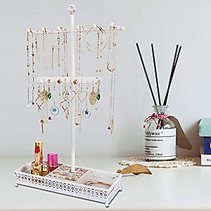 Meangood Jewelry Tree Stand Organizer 3in1 Necklace Organizer Display Bracelet Earrings and Ring Tray Jewelry Holder Hanger Metal（White）