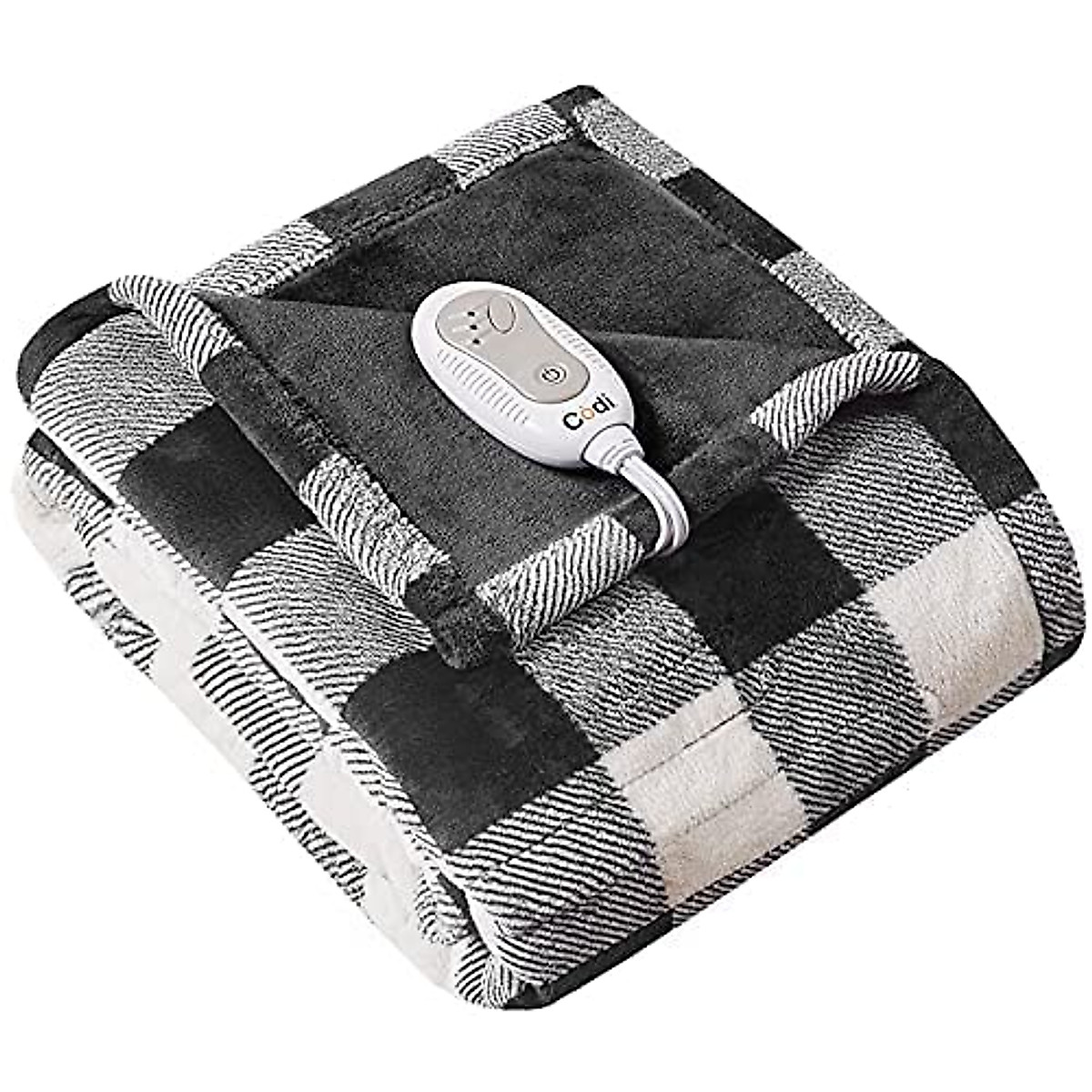 Soft Plush Electric Heated Blanket Throw, White Black Plaid Microlight Therapedic Throws | 3 Heat Setting with Auto Shut Off, 6ft Power Cord, | Washable