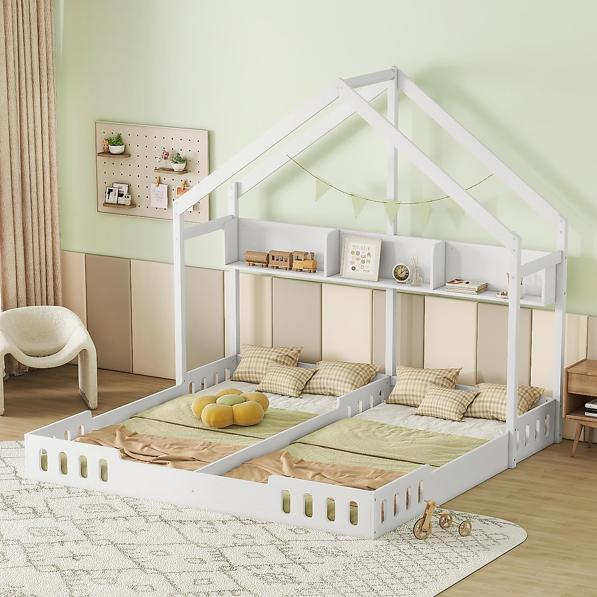 Harper & Bright Designs Twin House Bed for Kids,Wood Double Twin Beds Frame with Shelves and Guardrail, Monressori Floor Bed Two Shared Beds with Rails for Girls or Boys, Creamy White