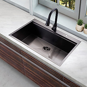 33 Black Drop In Workstation Kitchen Sink, Dorzom 33x22x10 Black Stainless Steel Topmount 16 Gauge Deep Single Bowl Workstation Kitchen Sink with Accessories