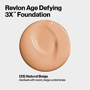 Revlon Liquid Foundation, Age Defying 3XFace Makeup, Anti-Aging and Firming Formula, SPF 30, Longwear Medium Buildable Coverage with Natural Finish, 035 Natural Beige, 1 Fl Oz