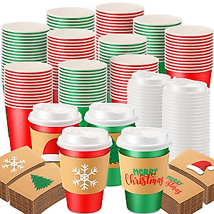 Ziliny 200 Pack 12 oz Christmas Cups with Lids and Coffee Cup Sleeves Red Green Disposable Christmas Paper Coffee Cups for Beverage Chocolate Tea Cocoa Xmas Holiday Table Decorations Party Favors