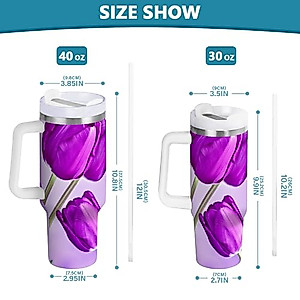 Vacuum Insulated Tumbler 40 Oz with Straw and Handle, Purple Tulips Light Purple Travel Coffee Tumbler