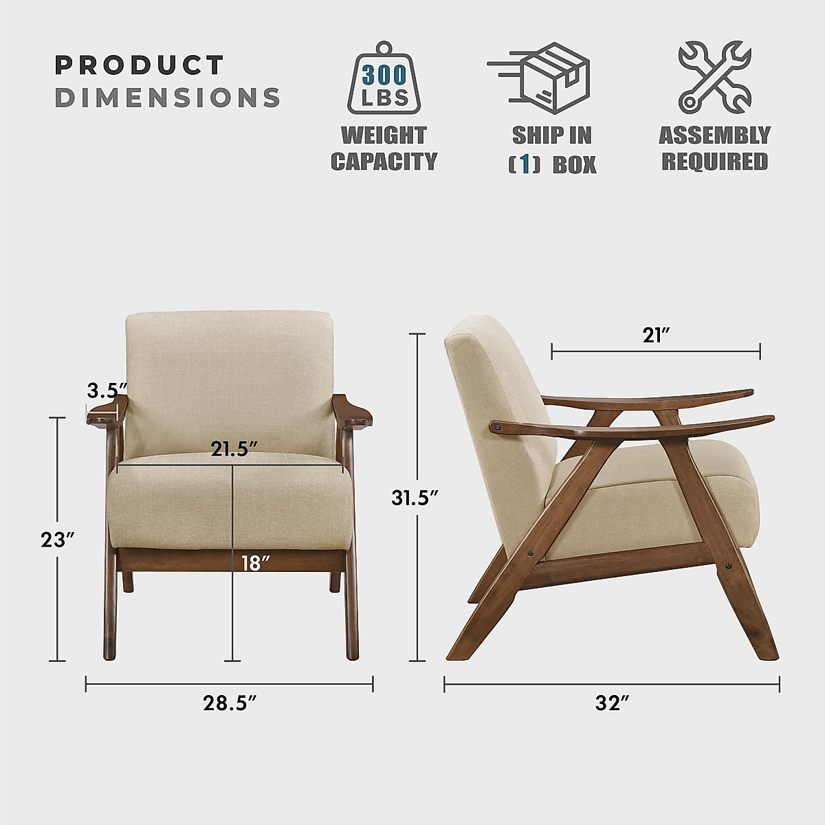 Lexicon Mid Century Modern Accent Chair with Solid Wood Frame in Walnut Finish, Upholstered Living Room Lounge Arm Chair, Thick and Comfy Innerspring Seat Cushion, Linen-Look Fabric, Light Brown