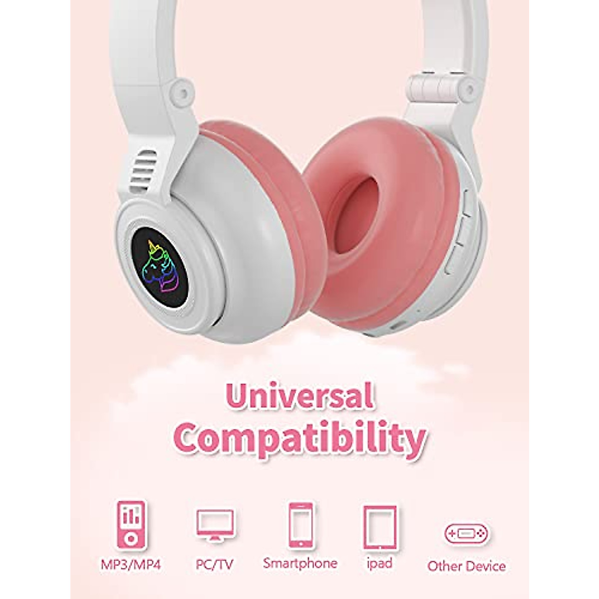 YUSONIC Unicorn Kids Headphones,Unicorn Bluetooth Headphones Foldable for Girls Boys Toddlers Phones/ipad/Amazon fire,Light Up Kids Wireless Headphone Birthday Gifts (White+Pink)
