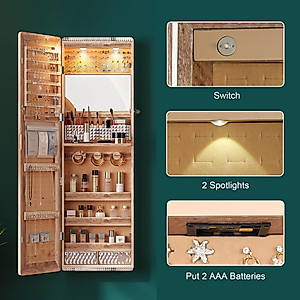 HNEBC LED Mirror Jewelry Cabinet,47.2" Wall Mounted Jewelry Organizer with Full-Length Mirror,Over The Door Hanging Jewelry Armoire Storage Cabinet,Folding Dresser,2 Drawers,Lockable, 3 Shelves(Wood)