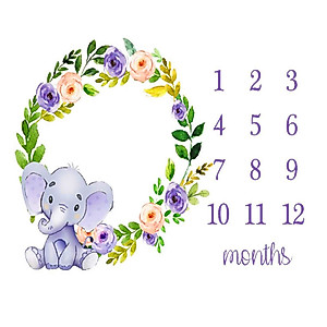 Baby Monthly Milestone Blanket Newborn Girls Purple Flower Elephant Photo Props Shoots Backdrop Personalized Photography Growing Infants Toddlers Swaddle Blanket Includes Wreath Frame