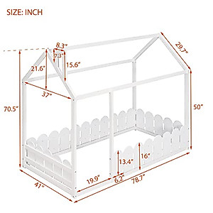 Montessori Bed Frame Twin Size/House Bed Frames, House Floor Bed for Kids, Montessori Floor Bed with Fence, Door and Chimney, White