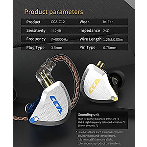 CCA C12 in-Ear Monitors, 5BA+1DD Hybrid HiFi Stereo Noise Isolating IEM Wired Earphones/Earbuds/Headphones with Detachable Tangle-Free Cable 2Pin for Musician Audiophile (with MIC, Dream Blue)