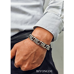 BIYONGDE Stainless Steel Leopard Print Pattern Link Chain Bangle Bracelet, Mens Womens, Punk Rock Timeless Style