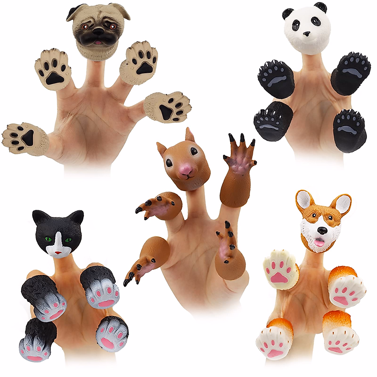 MIMIDOU Cute Animal Finger Puppets Toys 5 Set, Panda, Squirrel, cat, Shiba Inu, Pug, Role-Telling Animal Puppets, an Excellent Gift for Kids.