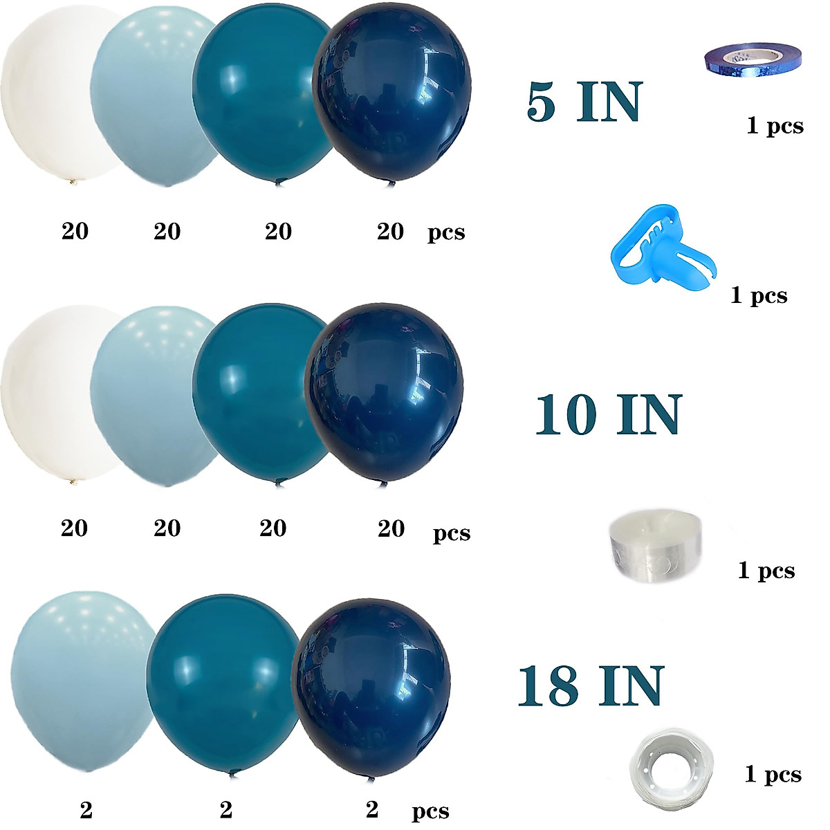 170Pcs Different Blue Balloons Arch Garland Kit with white balloons for Baby Shower Bridal Shower Birthday Wedding Party Decorations