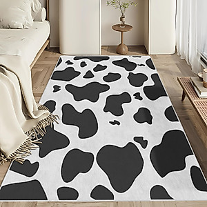 UntilPlan Printing Washable Rugs for Living Room, 4x6 FeetAnti-Skid Area Rug, Indoor Floor Carpet for Kitchen Entryway Laundry Dining Room, Kids Rugs for Bedroom Girls (Cow-Black, 4x6 ft)