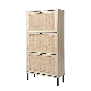 Yoluckea Rattan Shoe Cabinet, Shoe Cabinet Rack with Natural Rattan Weave Doors Design and 3 Flip Down Drawers, Narrow Shoe Cabinet with Metal Legs, Freestanding Wood Shoe Organizer (Light Brown2)