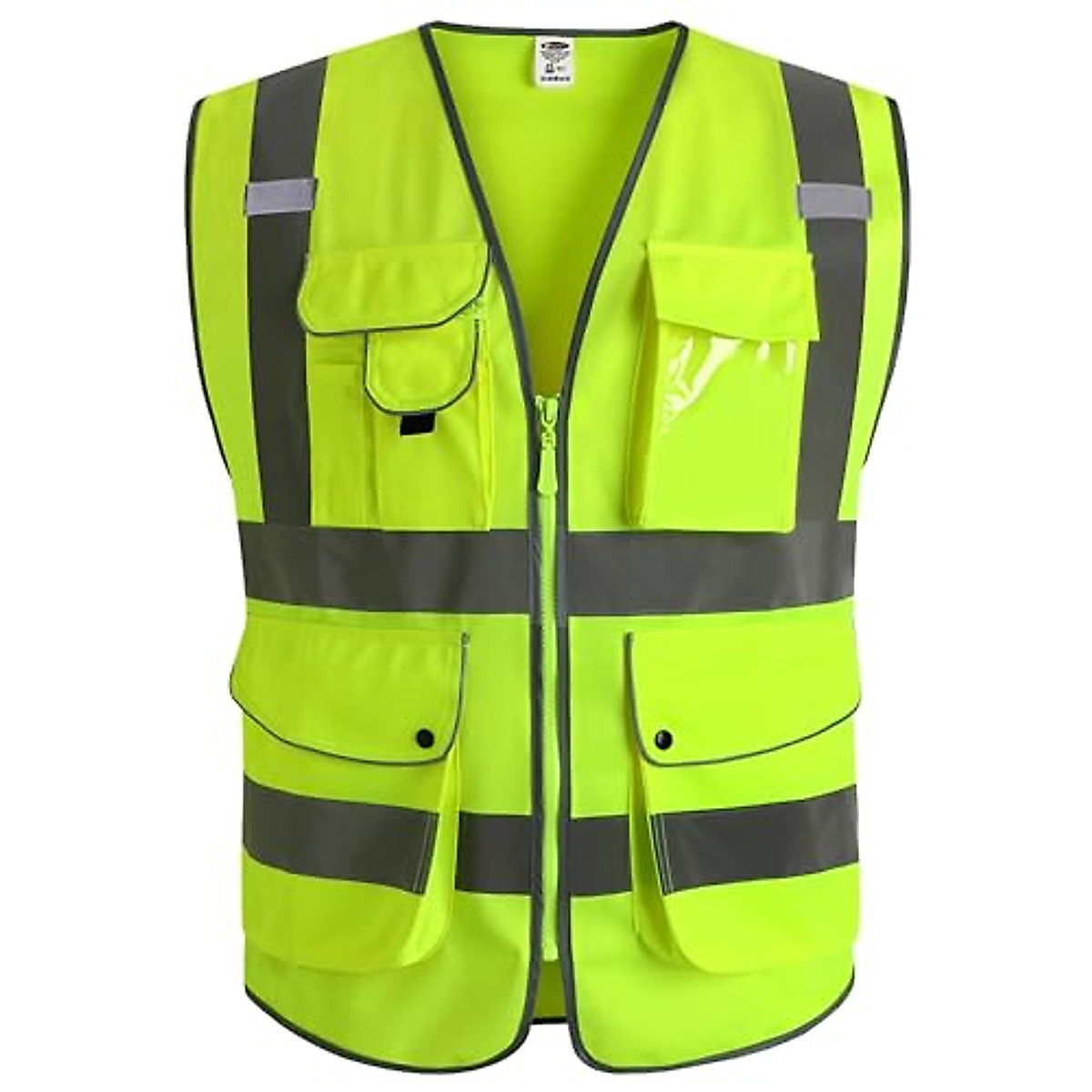 JKSafety 9 Pockets Class 2 High Visibility Zipper Front Safety Vest With Reflective Strips,Meets ANSI/ISEA Standard (Large, 150-Yellow)