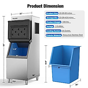 Coolski Commercial Ice Maker Machine 450Lb/24H, 22'' Wide Ice Machine with 300Lb Large Storage Bin, Clear Ice Cube Air Cooled Stainless Steel Ice Maker for Bar/Cafe/Restaurant/Business