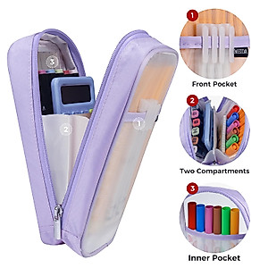 Fmeida Grid Mesh Pencil Case - Upgraded 4 Compartment Pencil Pouch, Clear Adult Pencil Bag Aesthetic Marker Pouch Stationary Bag Office Organizer for College Business Travel - Purple