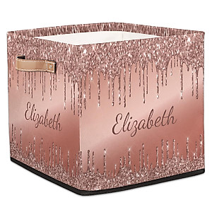 RIRIX Personalized Storage Bin, Custom Storage Baskets for Organizing with Handles, Foldable Storage Box for Closet Cloth Baskes Toy Rose Gold Dripping Glitter