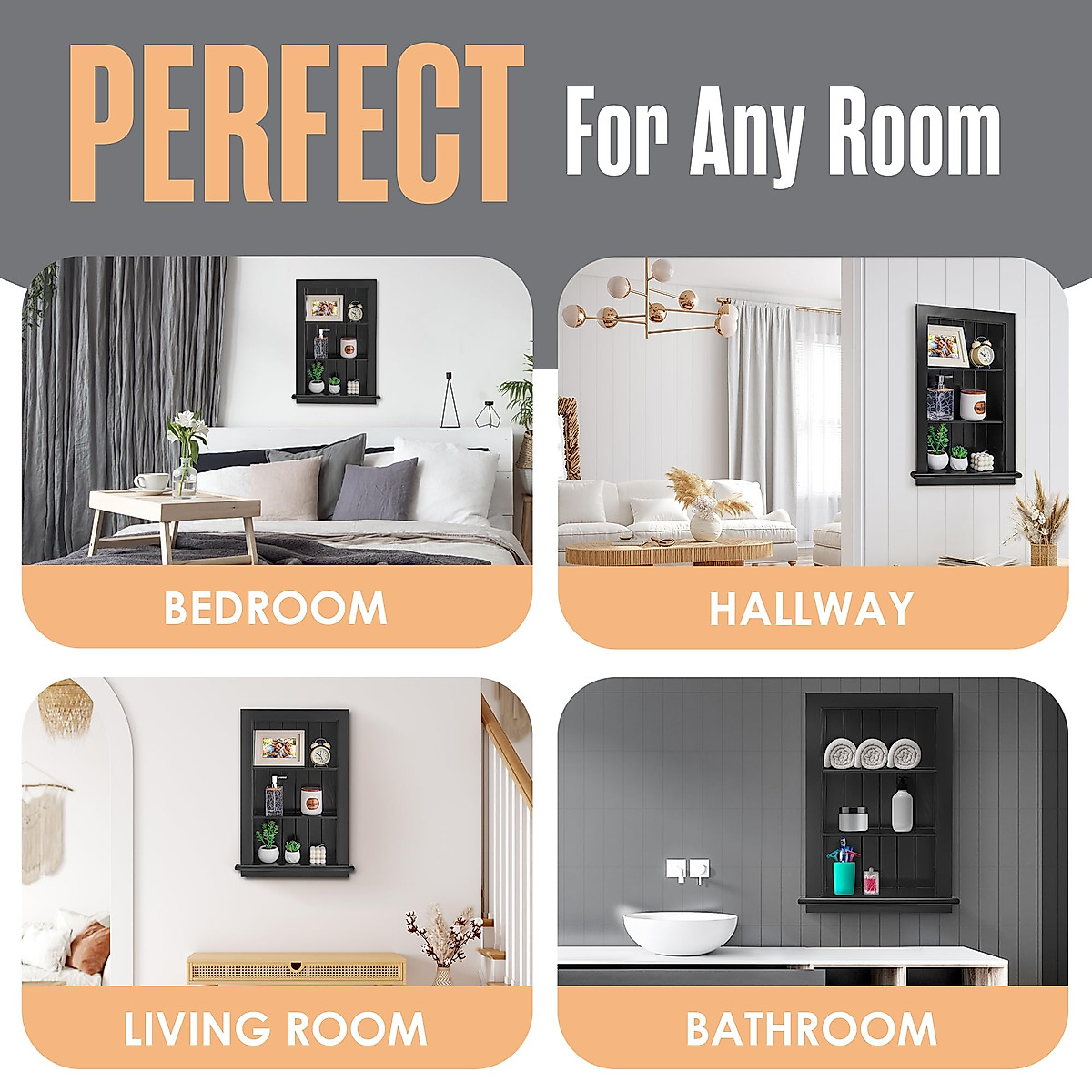 Recessed Medicine Cabinet, Wall Niche, In Shelves, Shelf Insert, 14"W x 24"H ID, 17"W x 27"H OD, 3 Tier, Black, Wood, Shallow Drywall Cabinets, Between Studs Shelving, Open Bathroom Cubby | Houseables