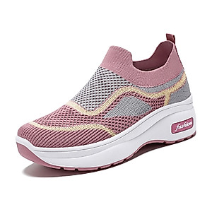 Gladtbser Women's Breathe Mesh Walking Sneakers Fashion Resistant Tennis Shoes Slip On Sock Sneakers Breathable Upper Comfort Platform Loafers (Pink,7)