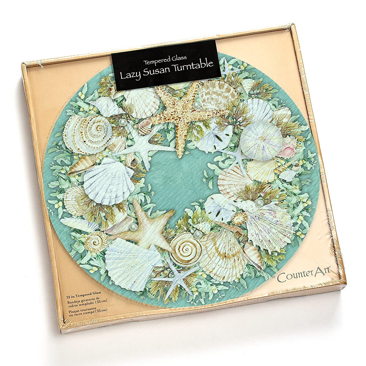 CounterArt Coastal Wreath 4mm Heat Tolerant Tempered Glass Lazy Susan Turntable 13” Diameter Cake Plate Pizza Server