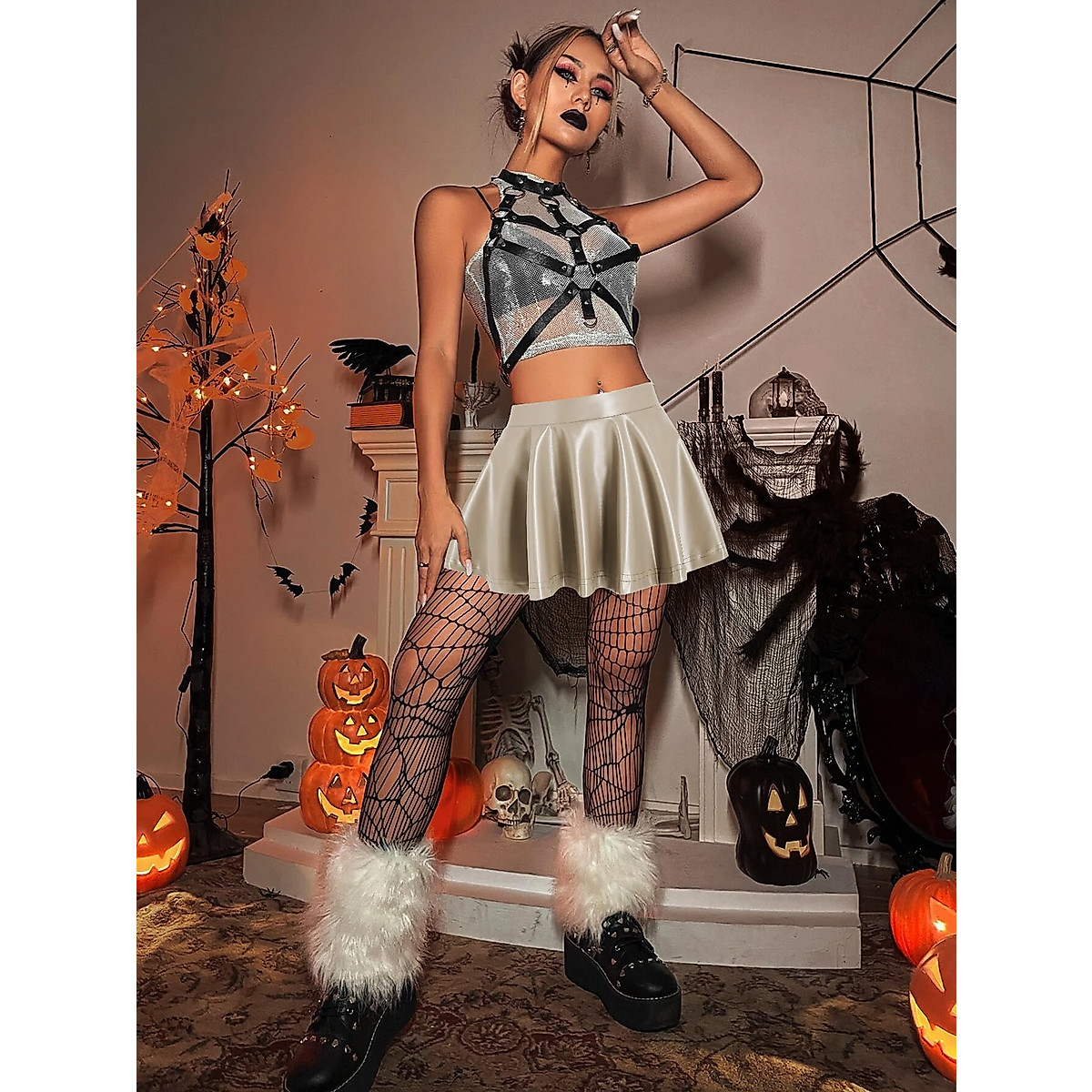 GAMISS High Waisted Mini Skirts Women PU Faux Leather Skirts for Women Pleated Beige, L