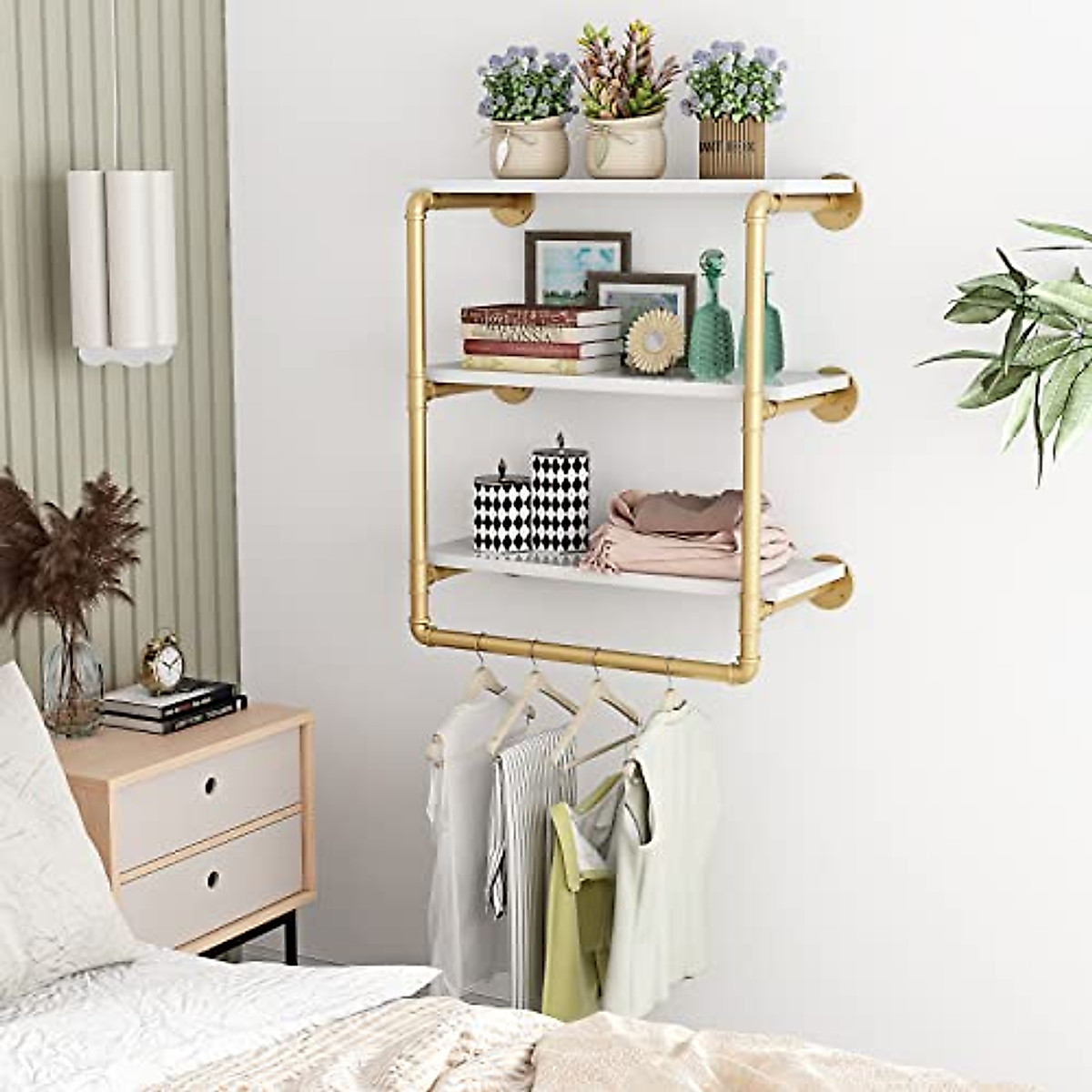 HOMEKAYT Industrial Pipe Shelving Wall Mounted Rustic Wood Shelf Industrial Floating Shelves (Gold 3-Tier, 24'')