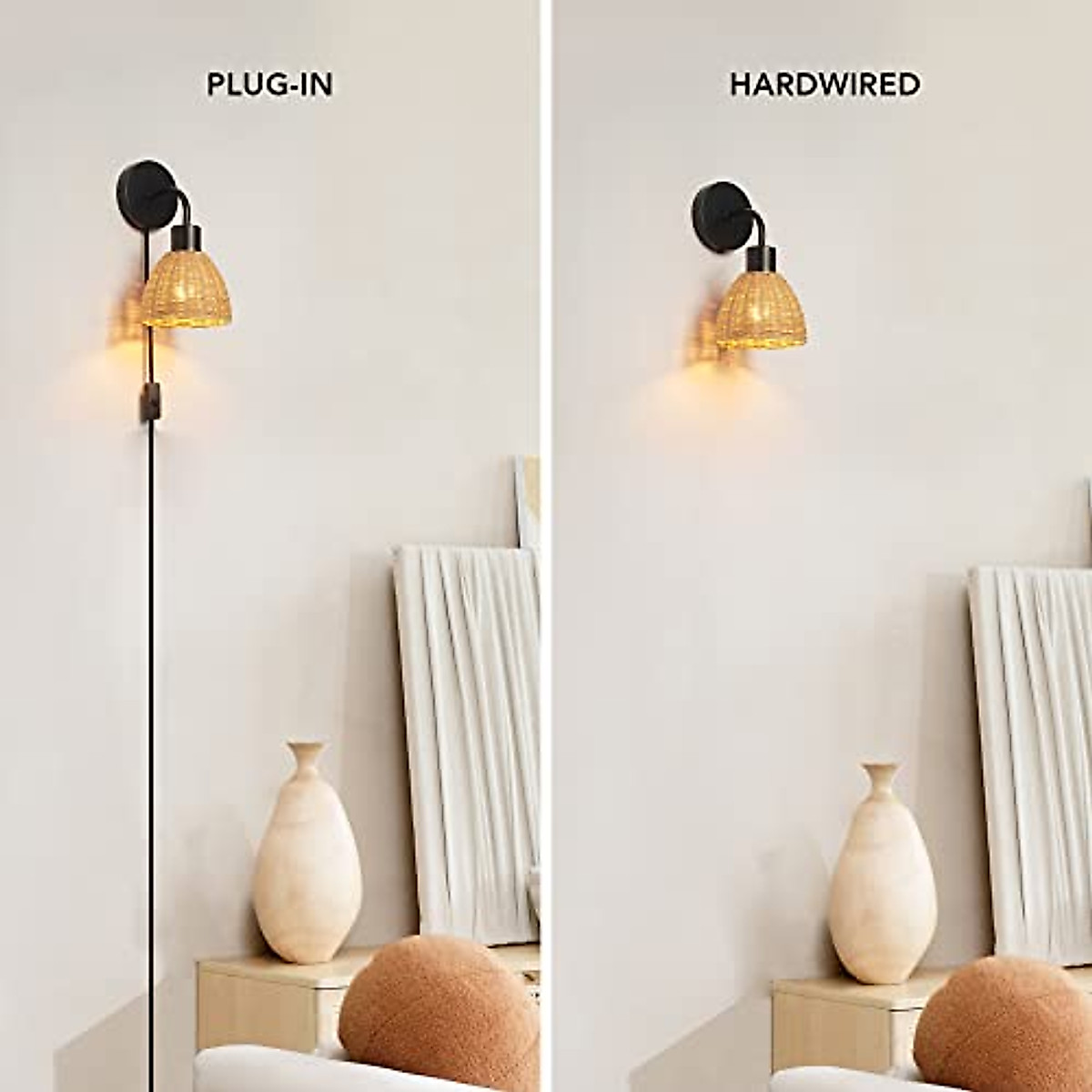 Globe Electric Briar 1-Light Plug-in or Hardwire Wall Sconce, Matte Black, Rattan Shade, 6ft Black Braided Fabric Designer Cord, in-Line On/Off Rocker Switch, Bulb Not Included