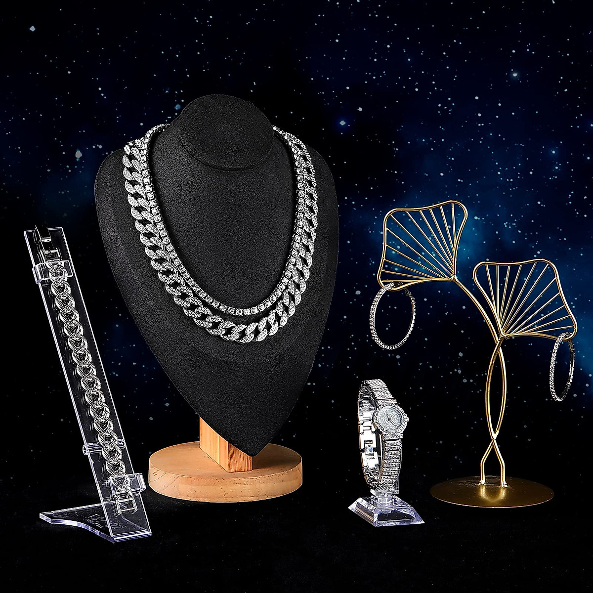 5 Pcs Hip Hop Jewelry Set with Miami Link Chain Necklace Bracelet Bling Crystal Diamond Watch Rhinestone Earrings (Silver, Women)