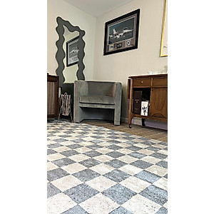 Hauteloom Brone Contemporary Checkered Area Rug - Modern Geometric Bordered Carpet for Living Room, Bedroom, Dining Room - Checkboard Design - Square Tiles - Blue, Ivory - 5'3" x 7'