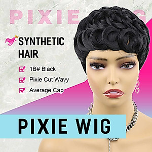 Flandi Short Pixie Cut Wigs for Black Women Natual Black Curly Pixie Wigs with Bangs Short Wigs Human Hair Wigs Short Curly Layered Pixie Wig for Women (Short Pixie Wavy 1B#)