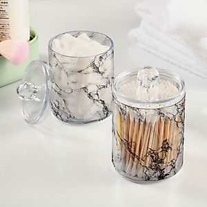 2 Pack Qtip Holder Organizer Dispenser Stylish White Marble Texture Bathroom Storage Canister Cotton Ball Holder Bathroom Containers for Cotton Swabs/Pads/Floss